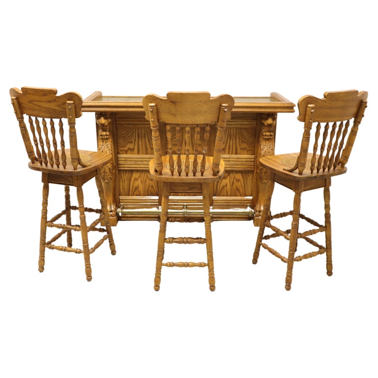 Mid 20th Century Solid Oak Bar with Paw Feet and 3 Barstools For Sale ...