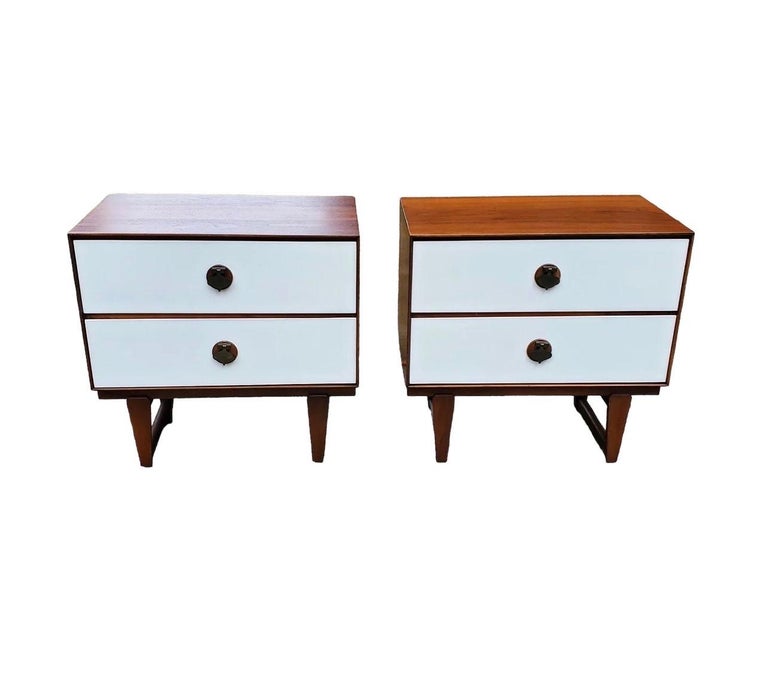 Vintage Mid Century 2 Drawer End Table Set Walnut Wood Spade Metal ...