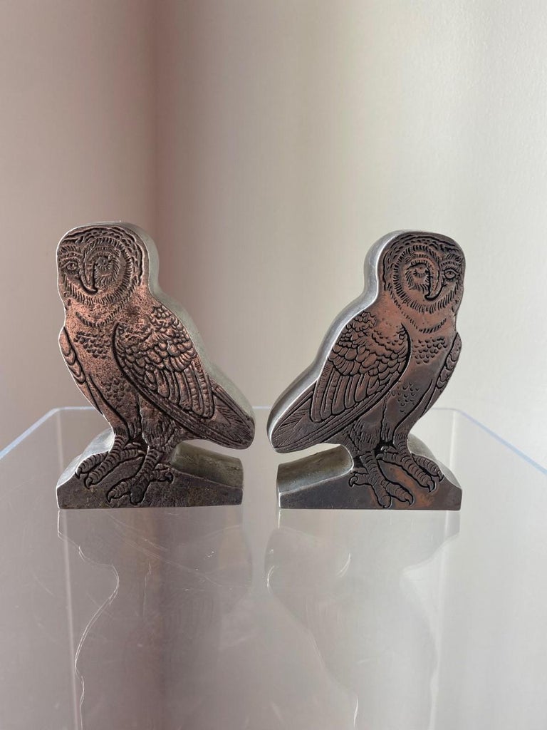 Vintage Midcentury Aluminum Sculptural Owl Bookend Pair For Sale at 1stDibs