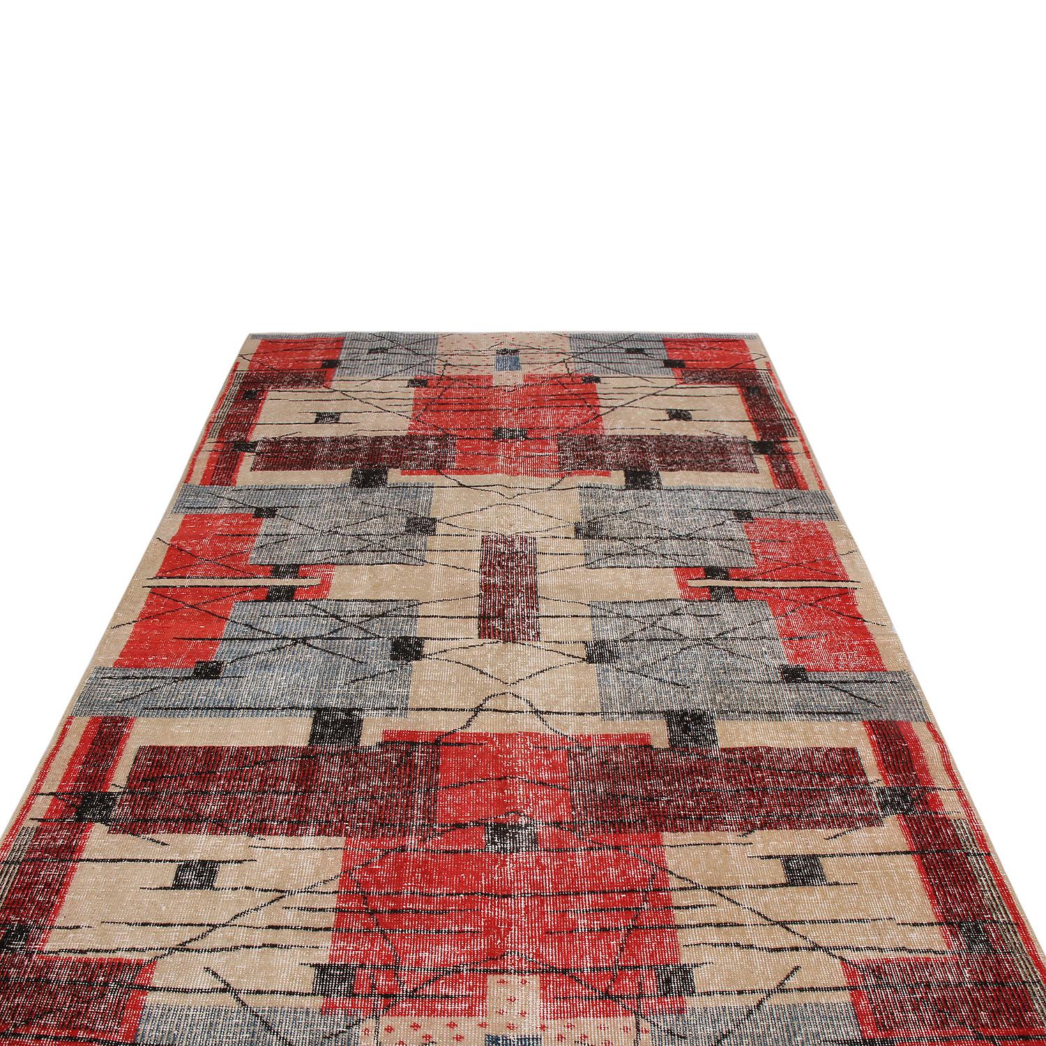 Vintage Midcentury Beige Blue and Red Geometric Wool Rug For Sale at ...