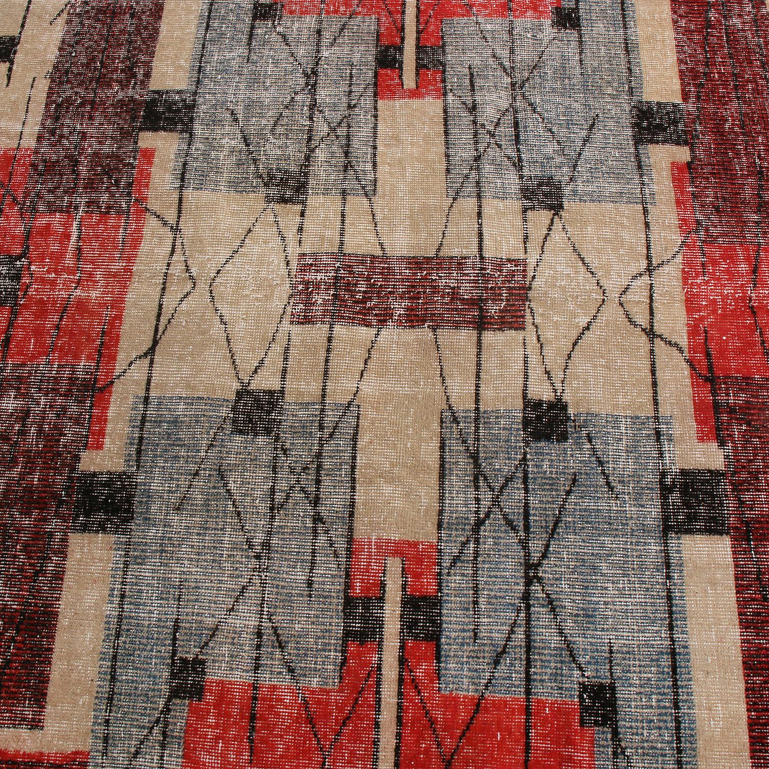 Vintage Midcentury Beige Blue and Red Geometric Wool Rug For Sale at ...