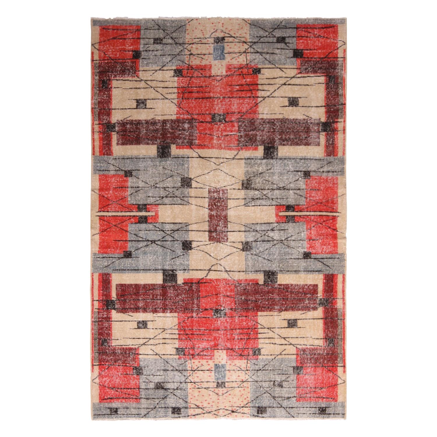Vintage Midcentury Beige Blue and Red Geometric Wool Rug For Sale at ...