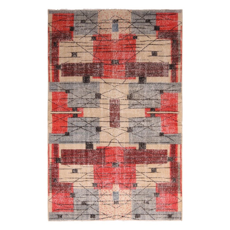 Vintage Midcentury Beige Blue and Red Geometric Wool Rug For Sale at ...