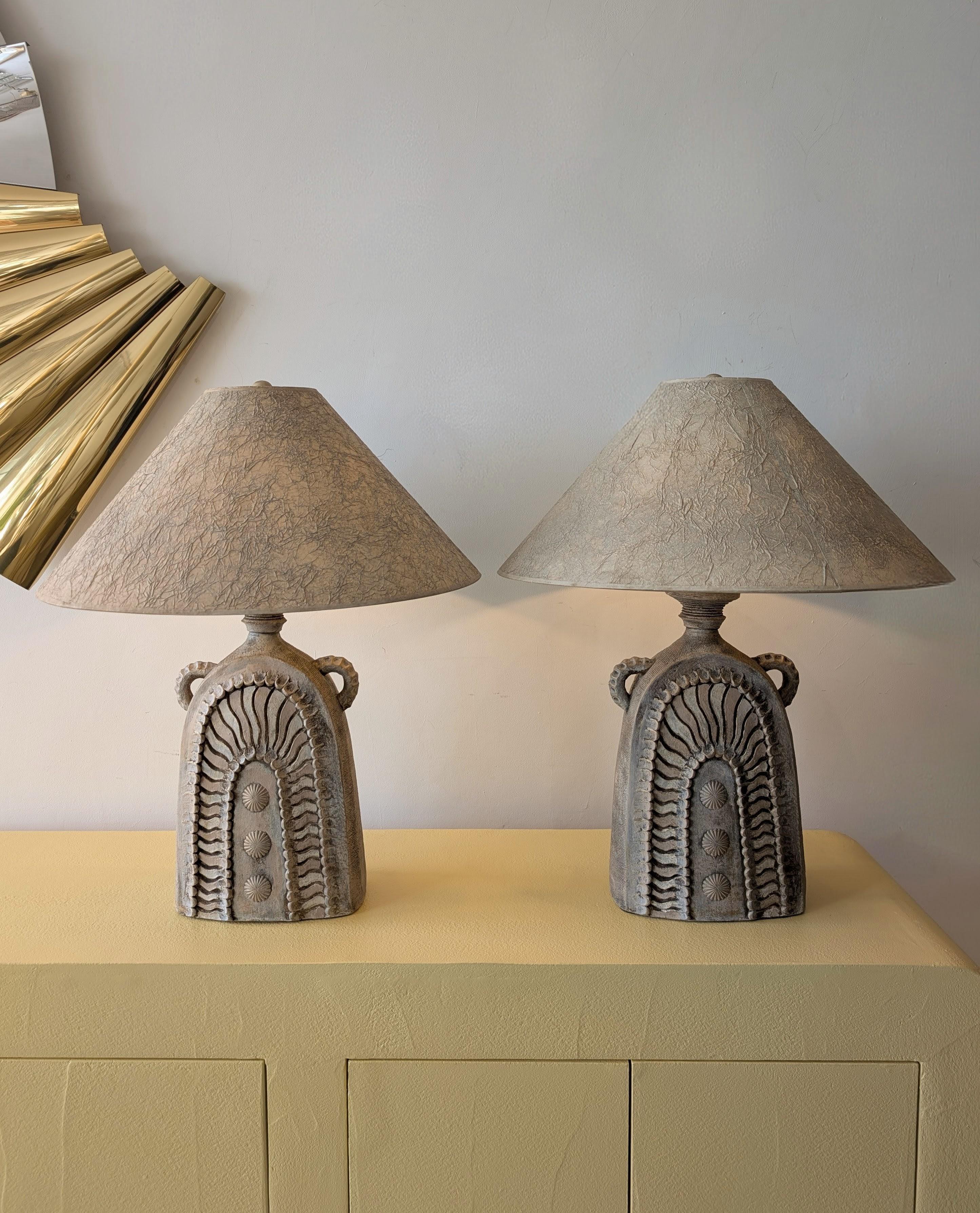 Vintage mid century Brutalist pottery lamps by Vanguard USA, 1970s TWO ...