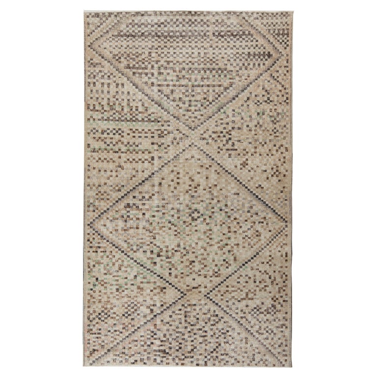 Vintage Mid-Century Distressed Deco Rug in Beige, Black Pattern by Rug ...