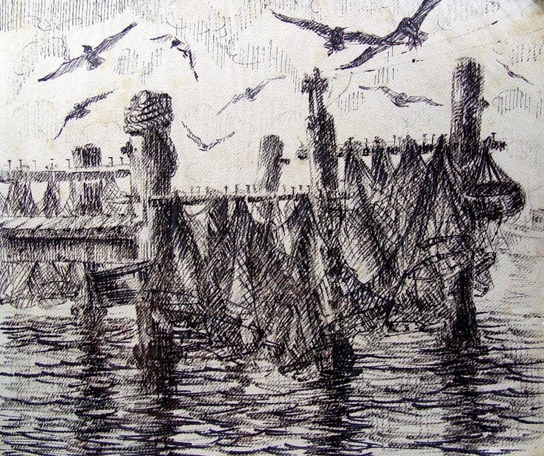 Vintage Mid-Century Drying Nets Pen and Ink Drawing by Simon Michael For Sale at 1stDibs