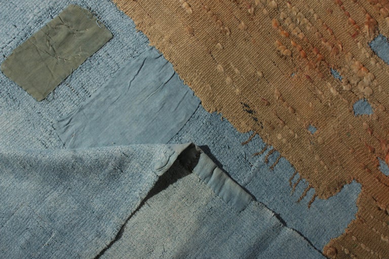 Vintage Midcentury Flat-Weave Striped and Solid Beige Brown Blue Wool ...