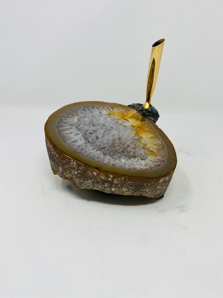 Vintage Mid-Century Geode and Bronze Pen Holder For Sale at 1stDibs