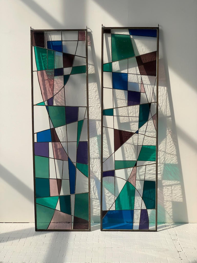 Vintage Mid Century Geometric Abstract Stained Glass Panels, A Pair ...