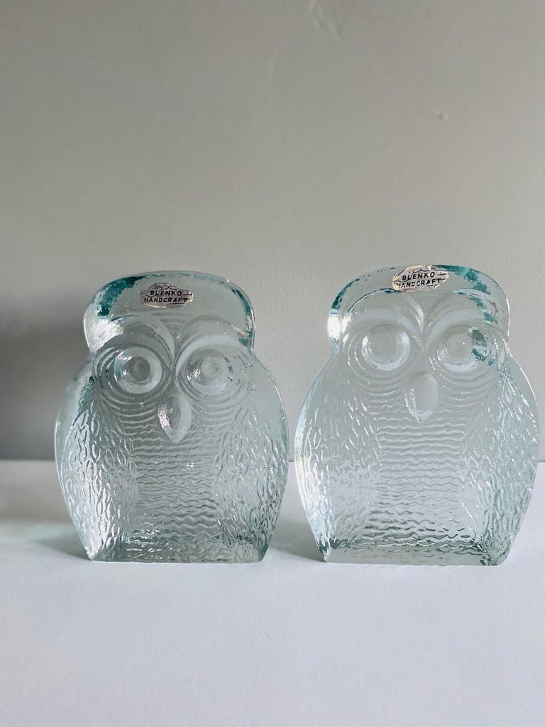 Vintage Midcentury Glass Owl Bookends by Blenko For Sale at 1stDibs