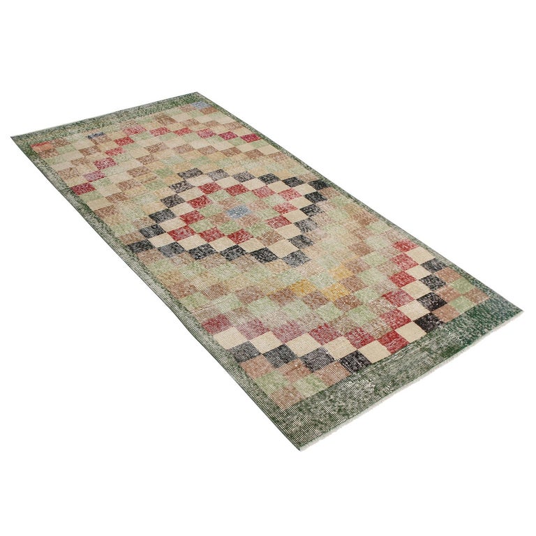 Vintage Midcentury Green and Red Geometric Wool Rug with Earth Tone ...