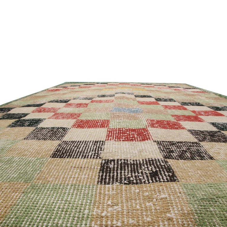 Vintage Midcentury Green and Red Geometric Wool Rug with Earth Tone ...