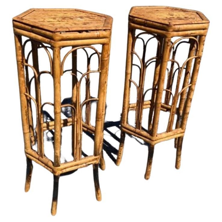 Vintage Mid-Century Hexagonal Bamboo Pedestals Plant Stands, a Pair For ...