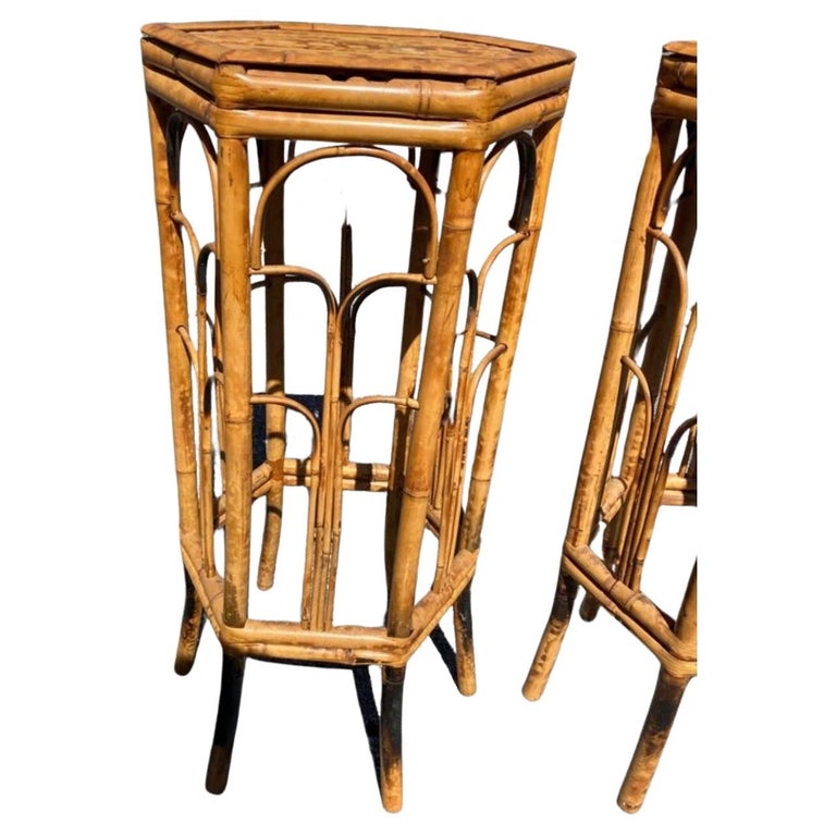 Vintage Mid-Century Hexagonal Bamboo Pedestals Plant Stands, a Pair For ...