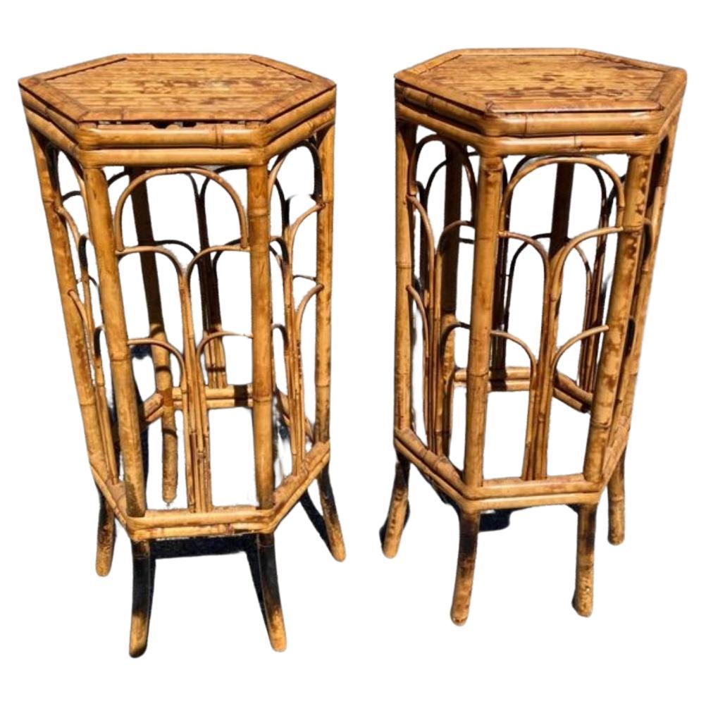 Vintage Mid-Century Hexagonal Bamboo Pedestals Plant Stands, a Pair at ...