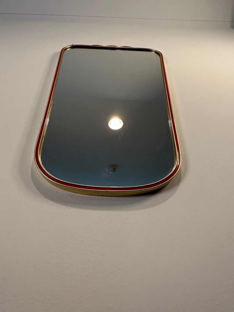 Vintage Mid Century Italian Shield Wall Mirror in Brass with Red Border ...