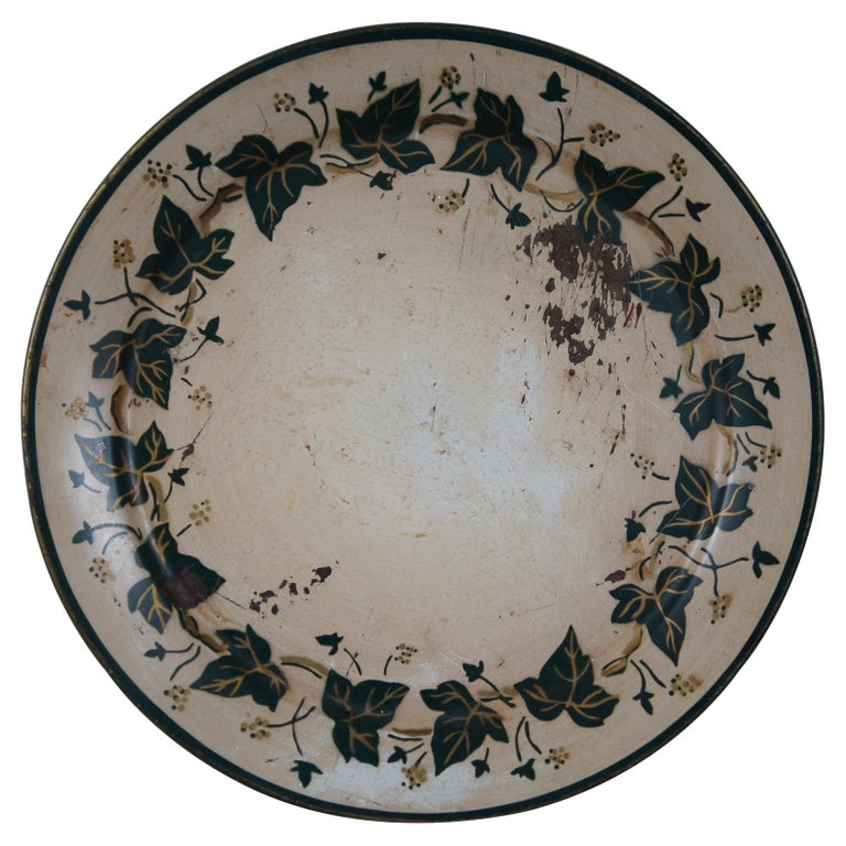 Vintage Mid Century Ivy Leaf Vine Round Toleware Metal Tray Centrepiece ...