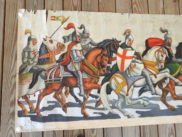 Vintage Mid Century Knights and Horses Procession Mural Painting For ...