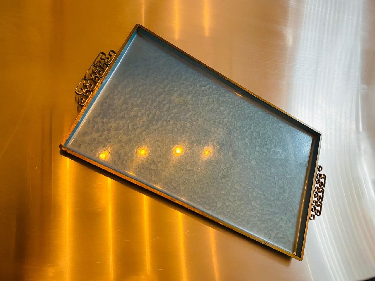 Vintage Mid Century Kyes Moire’ Glaze Brass and Enamel Blue Tray 1960s ...