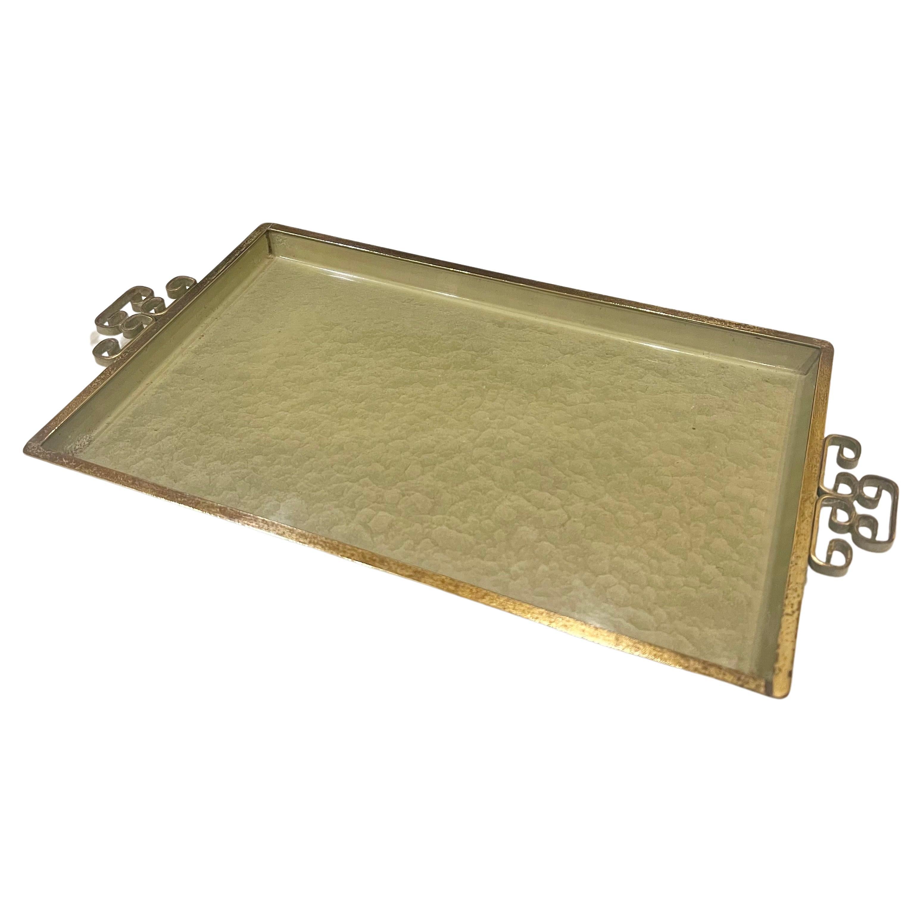 Vintage Mid Century Kyes Moire’ Glaze Brass and Enamel Green Tray 1960s ...
