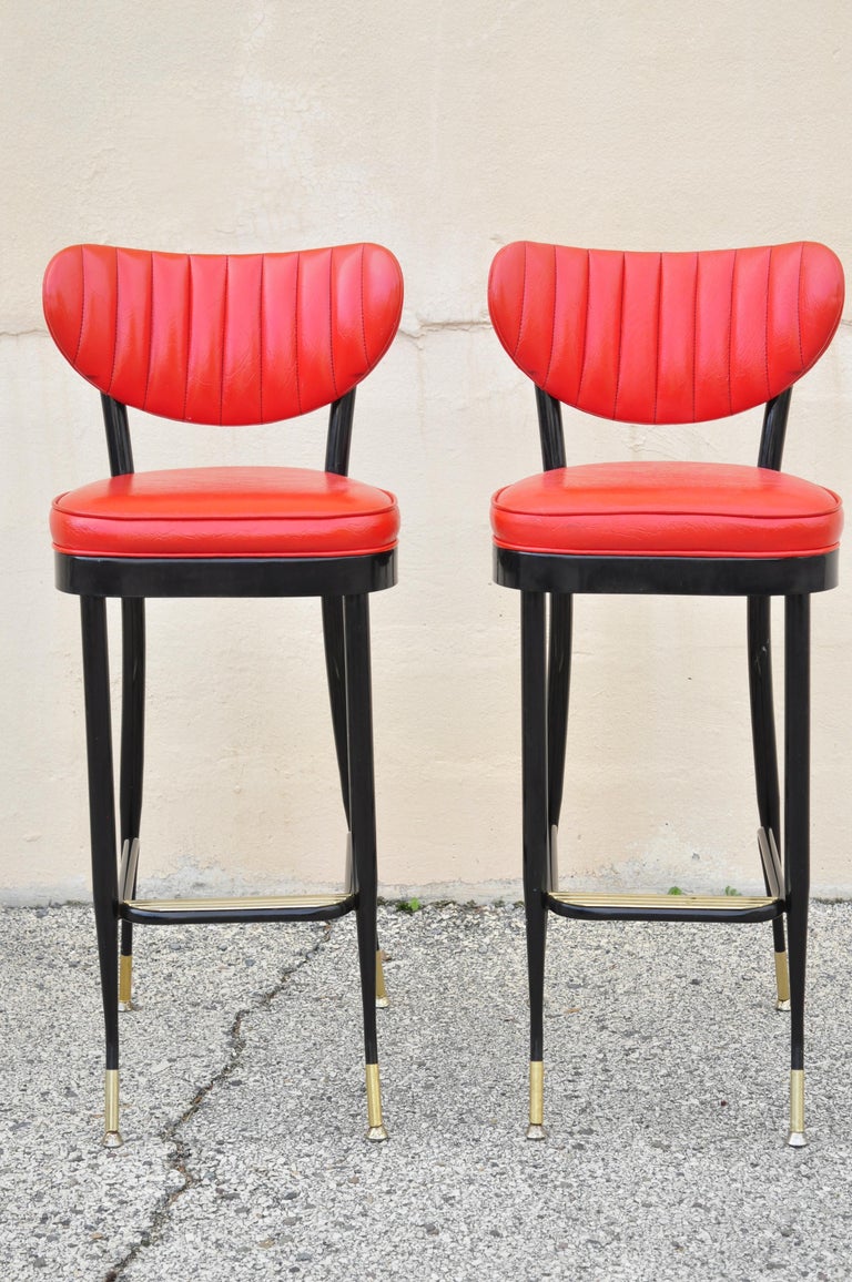 Vintage Midcentury Lion Brand Black Red Vinyl Italian Style Barstools ...