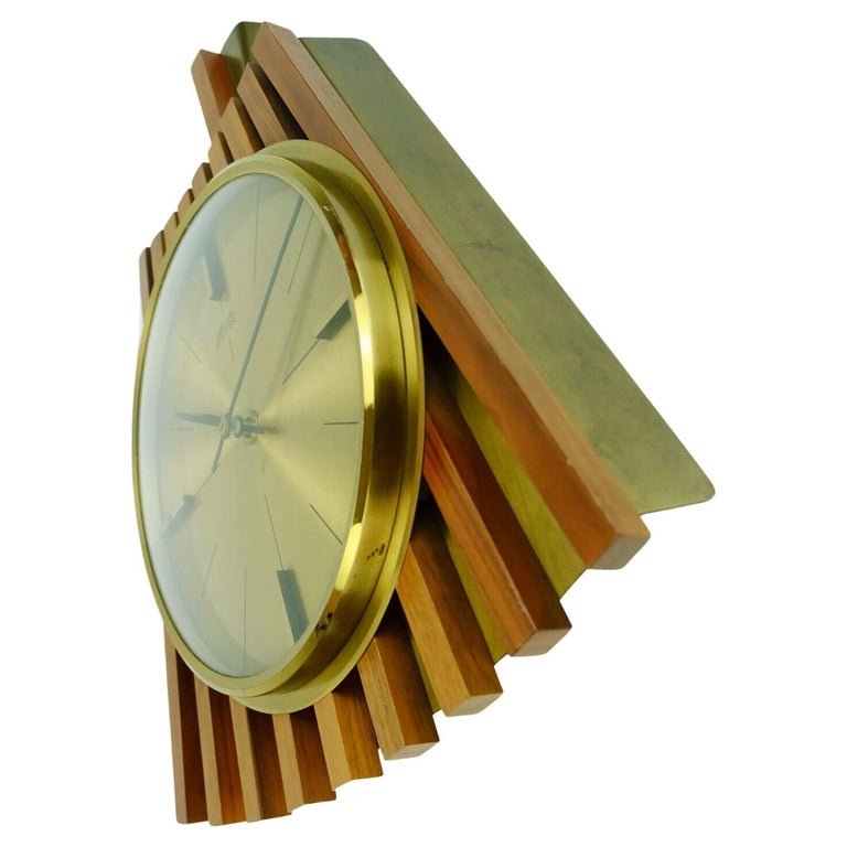 vintage mid century modern atlanta electric WALL CLOCK walnut brass ...