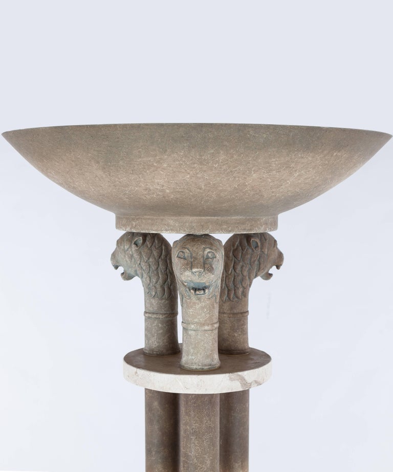 Vintage Mid-Century Modern Faux Stone Column Torchiere Lamp with Lion ...