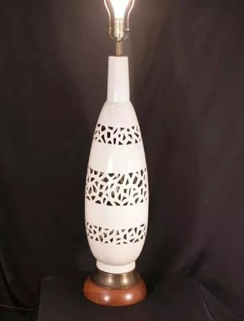 Vintage Mid Century Modern Glazed Pottery Ceramic White Fretwork Table ...