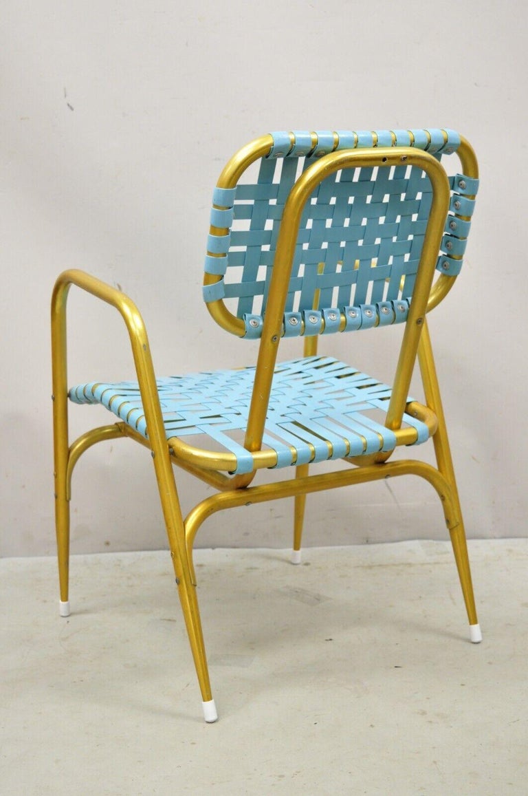 Vintage Mid-Century Modern Gold Aluminum Blue Vinyl Strap POOL Patio ...