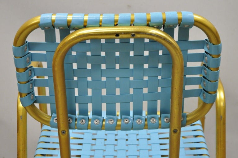 Vintage Mid-Century Modern Gold Aluminum Blue Vinyl Strap POOL Patio ...