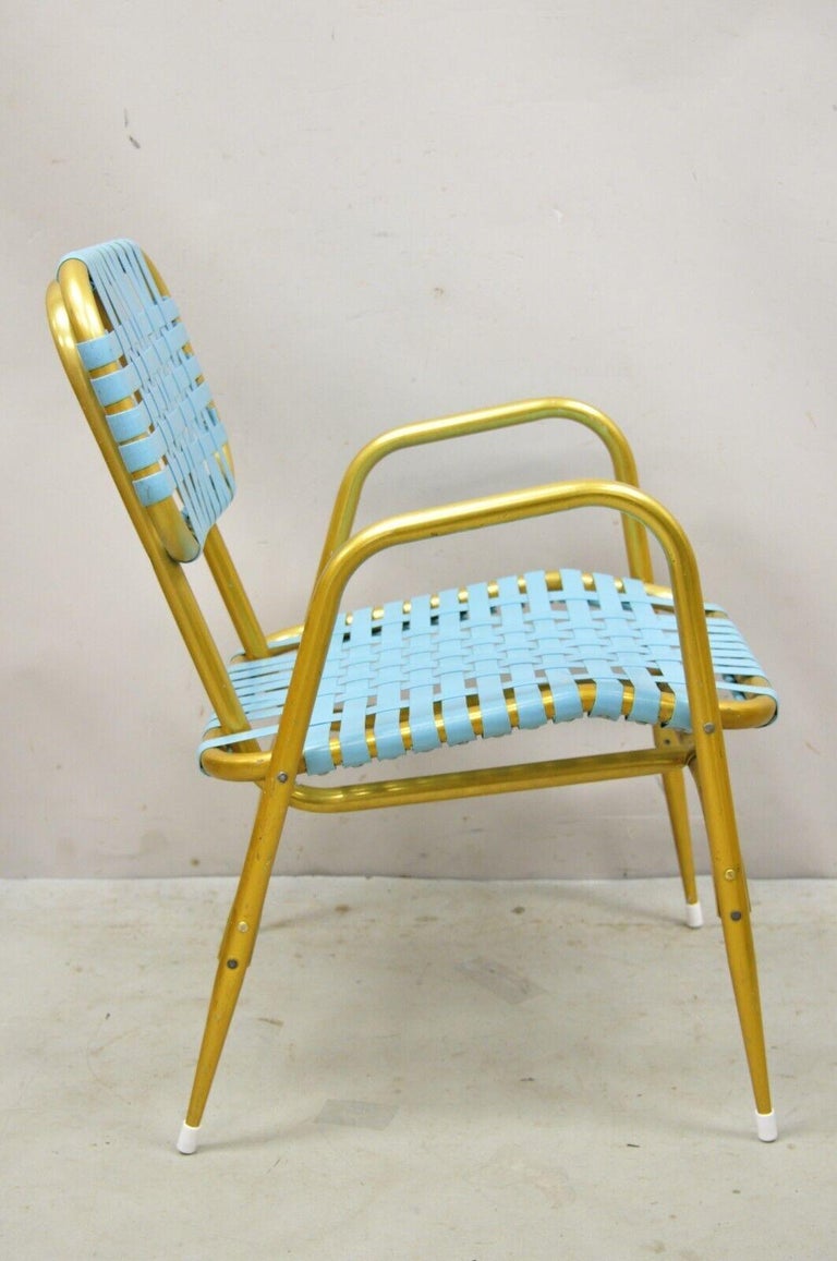 Vintage Mid-Century Modern Gold Aluminum Blue Vinyl Strap POOL Patio ...