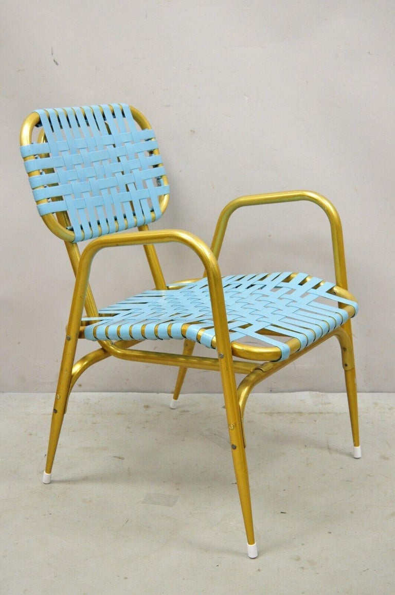 Vintage Mid-Century Modern Gold Aluminum Blue Vinyl Strap POOL Patio ...