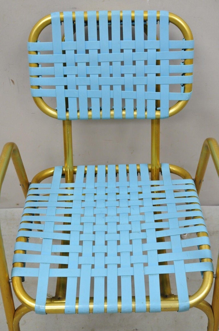 Vintage Mid-Century Modern Gold Aluminum Blue Vinyl Strap POOL Patio ...