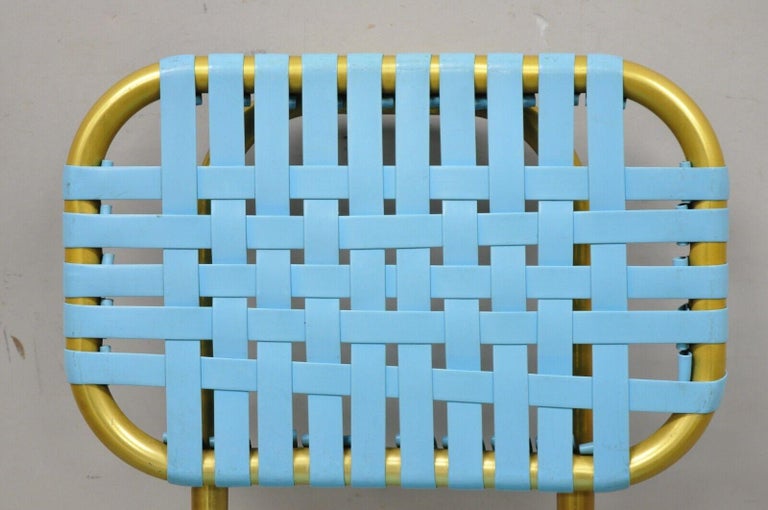 Vintage Mid-Century Modern Gold Aluminum Blue Vinyl Strap POOL Patio ...