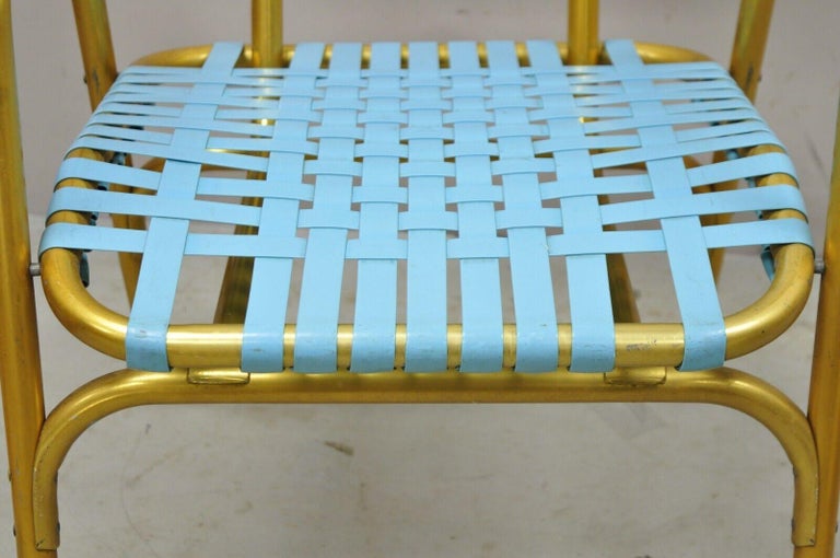 Vintage Mid-Century Modern Gold Aluminum Blue Vinyl Strap POOL Patio ...