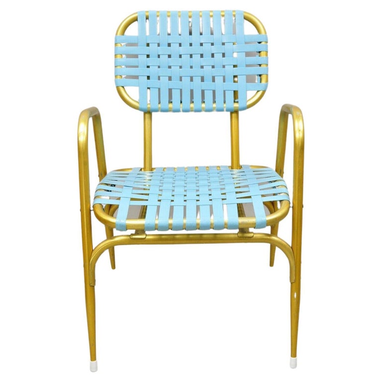Vintage Mid-Century Modern Gold Aluminum Blue Vinyl Strap POOL Patio ...