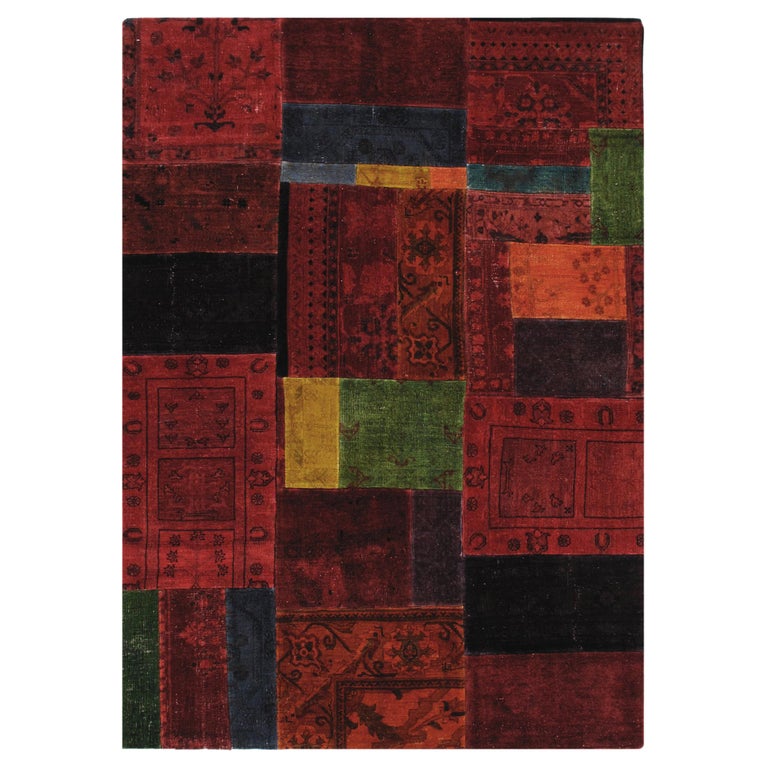 Vintage Mid-Century Modern Handknotted Patchwork Rug in Red Tones For ...