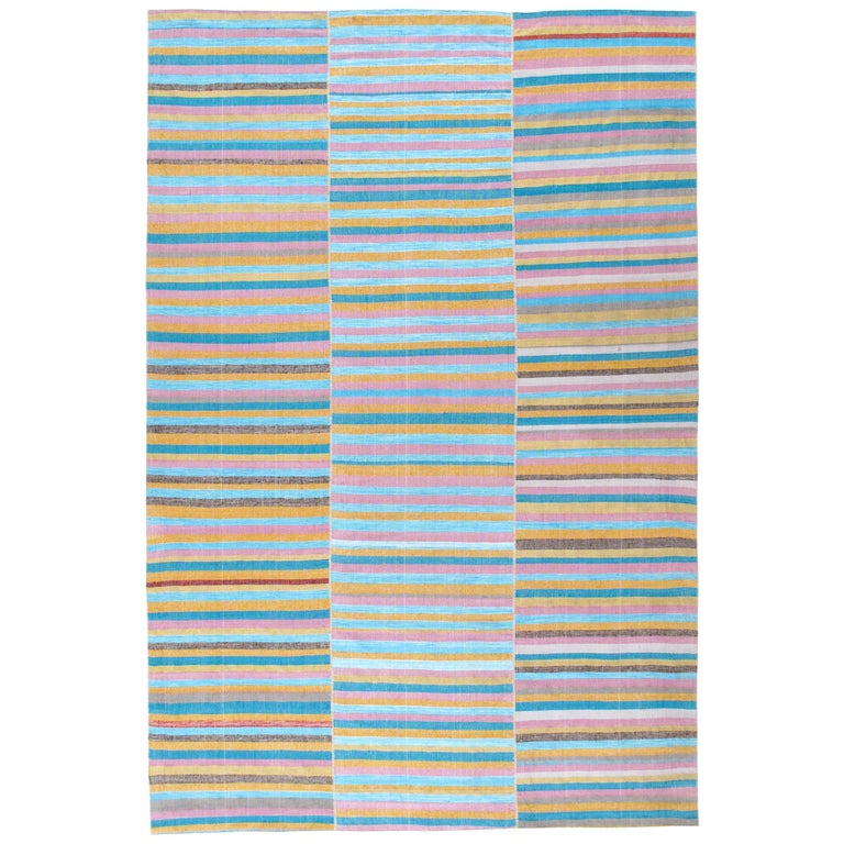 Vintage Mid-Century Modern Minimalist Colorful Striped Flatweave Rug ...
