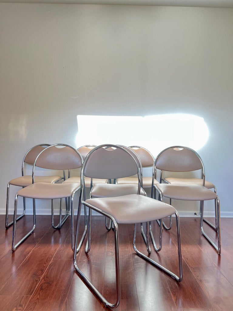 Vintage Mid-Century Modern Mushroom Chrome Stacking Dining Room Chairs ...