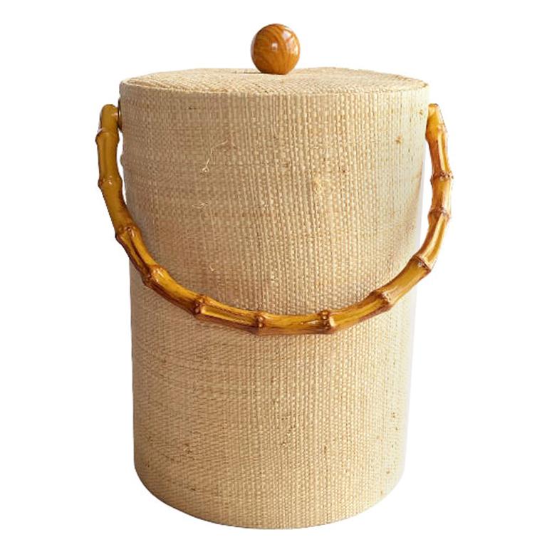 Vintage Mid-Century Modern Tall Grass Cloth Ice Bucket with Bamboo ...