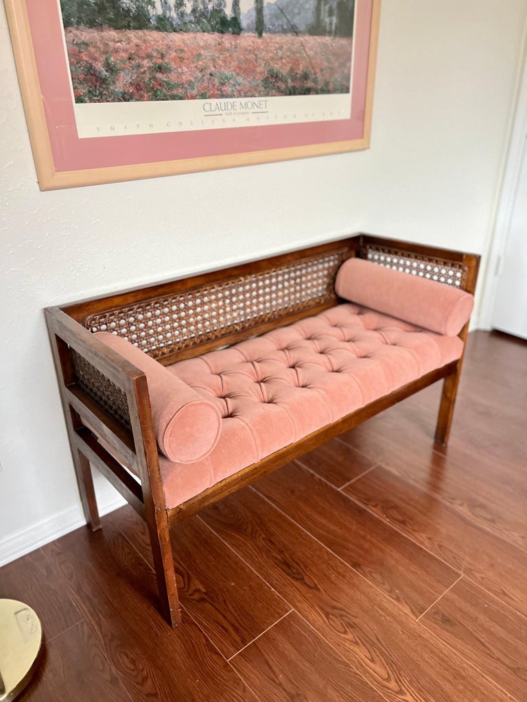 Vintage Mid-Century Modern Tufted Cane Back Walnut Settee Bench in Pink ...