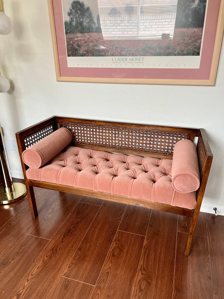 Vintage Mid-Century Modern Tufted Cane Back Walnut Settee Bench in Pink ...