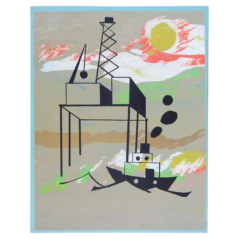 Vintage Mid-Century Modernist Ship and Oil Rig Serigraph For Sale at ...
