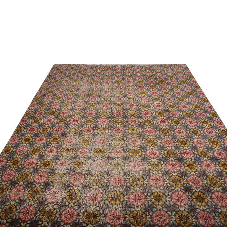 Vintage Midcentury Pink and Golden-Yellow Geometric-Floral Wool Rug For ...