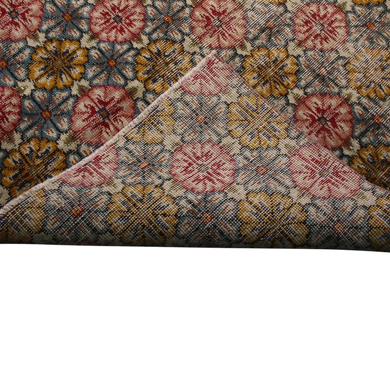 Vintage Midcentury Pink and Golden-Yellow Geometric-Floral Wool Rug For ...