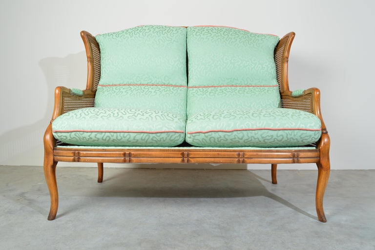 Vintage Midcentury Regency Style Faux Bamboo Boho Cane Wingback Settee ...