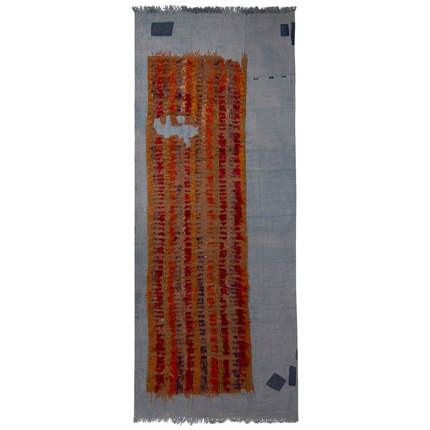 Vintage Midcentury Flat-Weave Striped and Solid Beige Brown Blue Wool ...