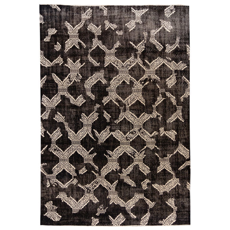 Vintage Midcentury-Style Black Handmade Wool Rug For Sale at 1stDibs