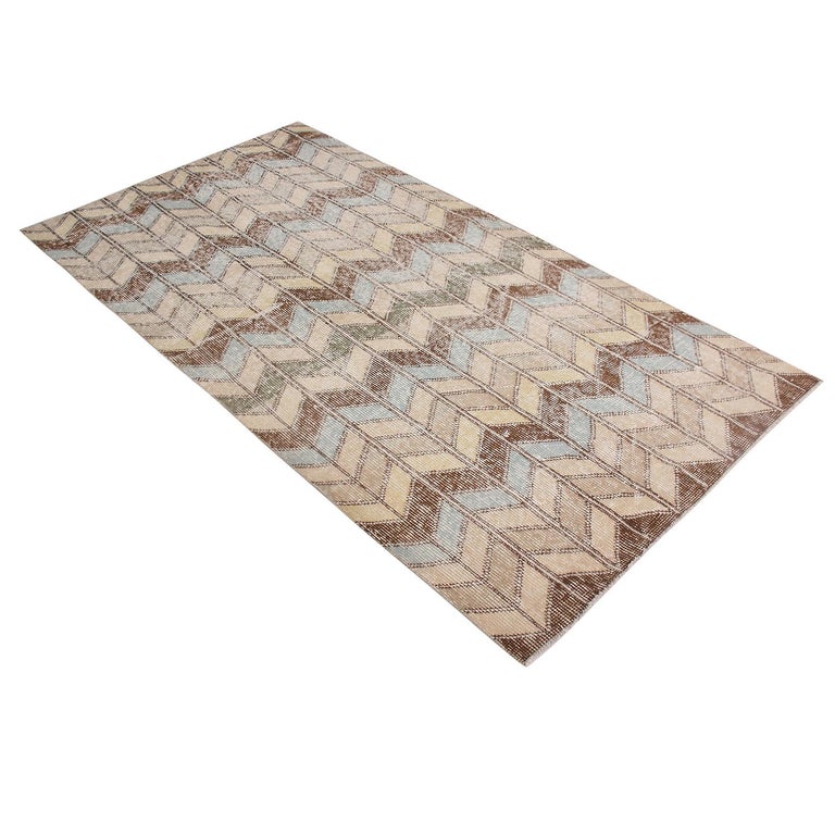 Vintage Midcentury Beige-Brown and Blue Wool Rug, Geometric Chevron ...