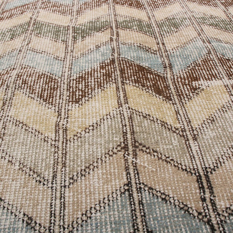 Vintage Midcentury Beige-Brown and Blue Wool Rug, Geometric Chevron ...